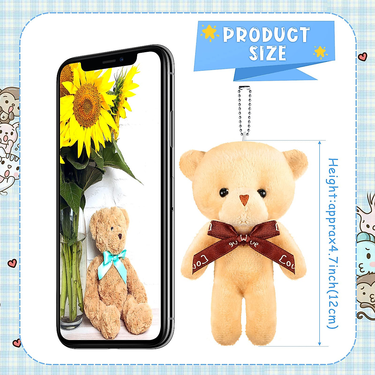 Chivao 12 Pieces Joint Mini Bears Toy Plush Bear Baby Shower Decorations Stuffed Animals Soft Tiny Bears Doll Small for Birthday Cake Wedding Ornaments Keychain DIY Accessory (Boy Bow Style)
