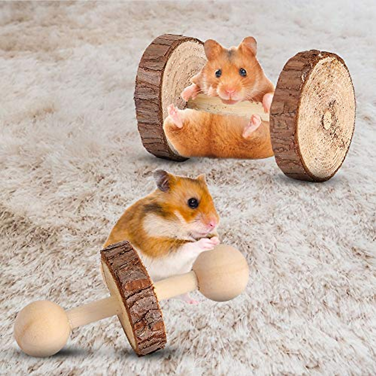 Hamster Toys, Natural Wooden Chew Playing Toy with Dumbbells Bell Roller Seesaw for Guinea Pig Chinchilla Parrot Rat Bunny to Playing and Protecting Teeth