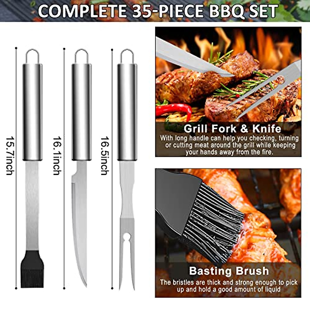 35Pcs BBQ Grill Accessories Tools Set, MCIRCO Heavy Duty Stainless Steel Grilling Tools with Portable Bag, Grill Mats, Thermometer for Backyard Barbecue, Camping, Gifts for Men Women