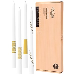 12 Inch White Taper Candles with Gold Leaf, Dripless Tapered Candle Up to 9 Hour+ Burning Time, Unscented and Smokeless Handmade Gift for Events, Dinner, Home Decor, Christmas