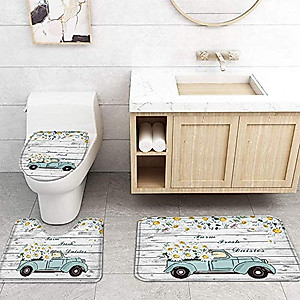 Xback 4 Piece Shower Curtain Sets for Bathroom, Farm Fresh Daisies Blue Truck Fresh Pastoral Style Retro Wood Board Machine Washable Bath Curtain with Non-Slip Rugs, Toilet Lid Cover and Bath Mat