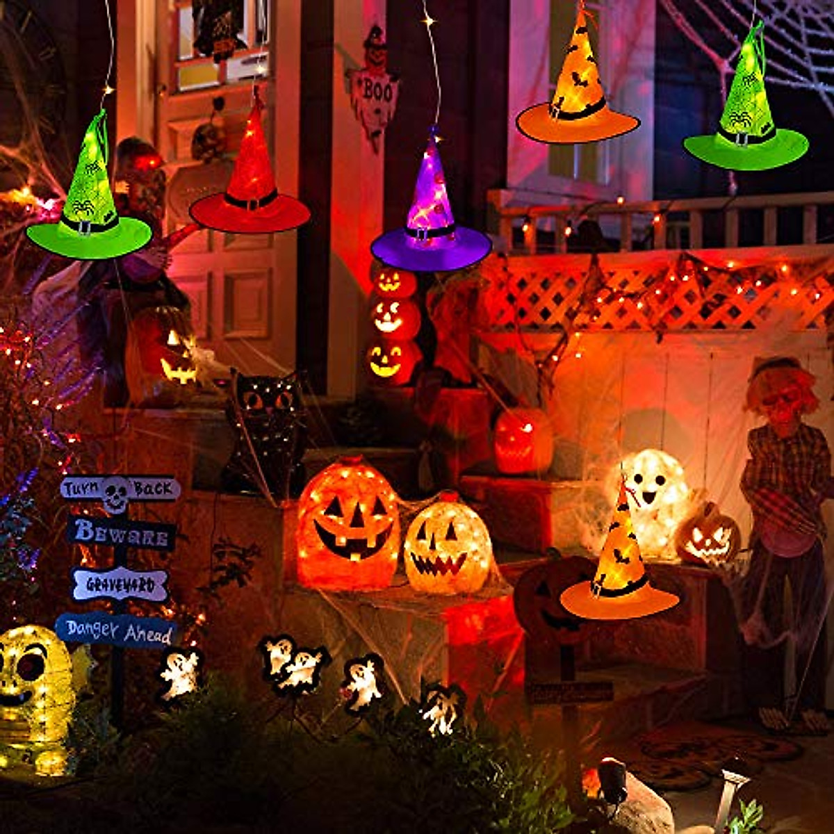 XTF2015 Halloween Decorations Outdoor, Upgraded 8pcs Hanging Lighted Glowing Witch Hat Lights, 44FT 104LED Waterproof Halloween Light for Outdoor,Garden, Trees, Party Decorations