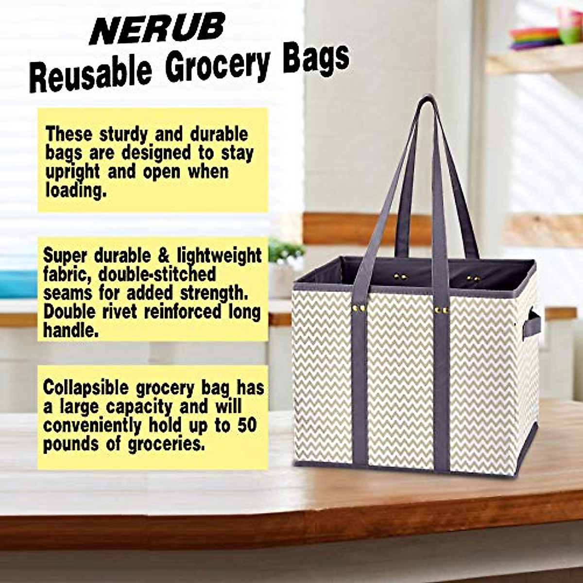 NERUB Reusable Grocery Shopping Bags Heavy Duty Grocery Tote Bags with Reinforced Bottom Foldable Large Reusable Shopping Bags for Groceries (3 Pack)
