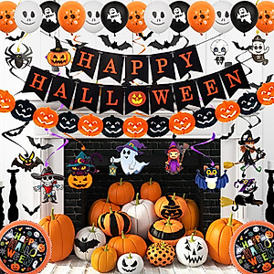 52 PCS Halloween Party Decorations Set Include Happy Halloween Banner, Pumpkin Banner, Hanging Swirl Streamers, Bats Wall Decor, Halloween Balloons Home Decor Party Favors Supplies