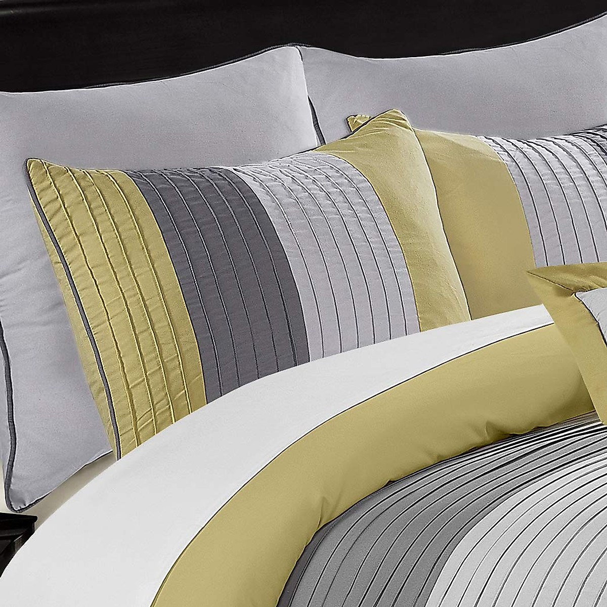 Chezmoi Collection 8-Piece Luxury Striped Comforter Set (Queen, Yellow/Gray/Paloma)