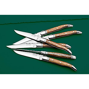 LAGUIOLE HERITAGE Tradition Ultra Sharp Stainless Steel Gourmet Steak Knives Set of 6 | Triple Rivet Knife Cutlery Set, Light Wood Handle, 4.5 Inch Blade