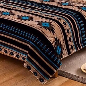 Linen Mart Southwest Aztec Sherpa Borrego Fleece Blanket - 3 Piece Set (Tan) (Queen)