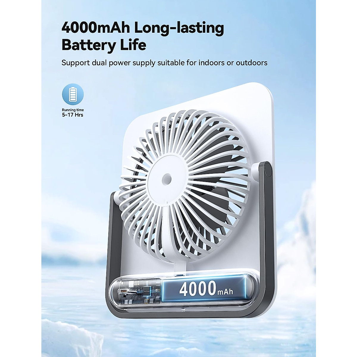 ChoreChamp Rechargeable Fan Portable,4000mAh USB Small Desk Fan with 4-Speed Strong Airflow, Hangable Ultra-thin Folding Camping Fan for Travel, Office, and Home Use