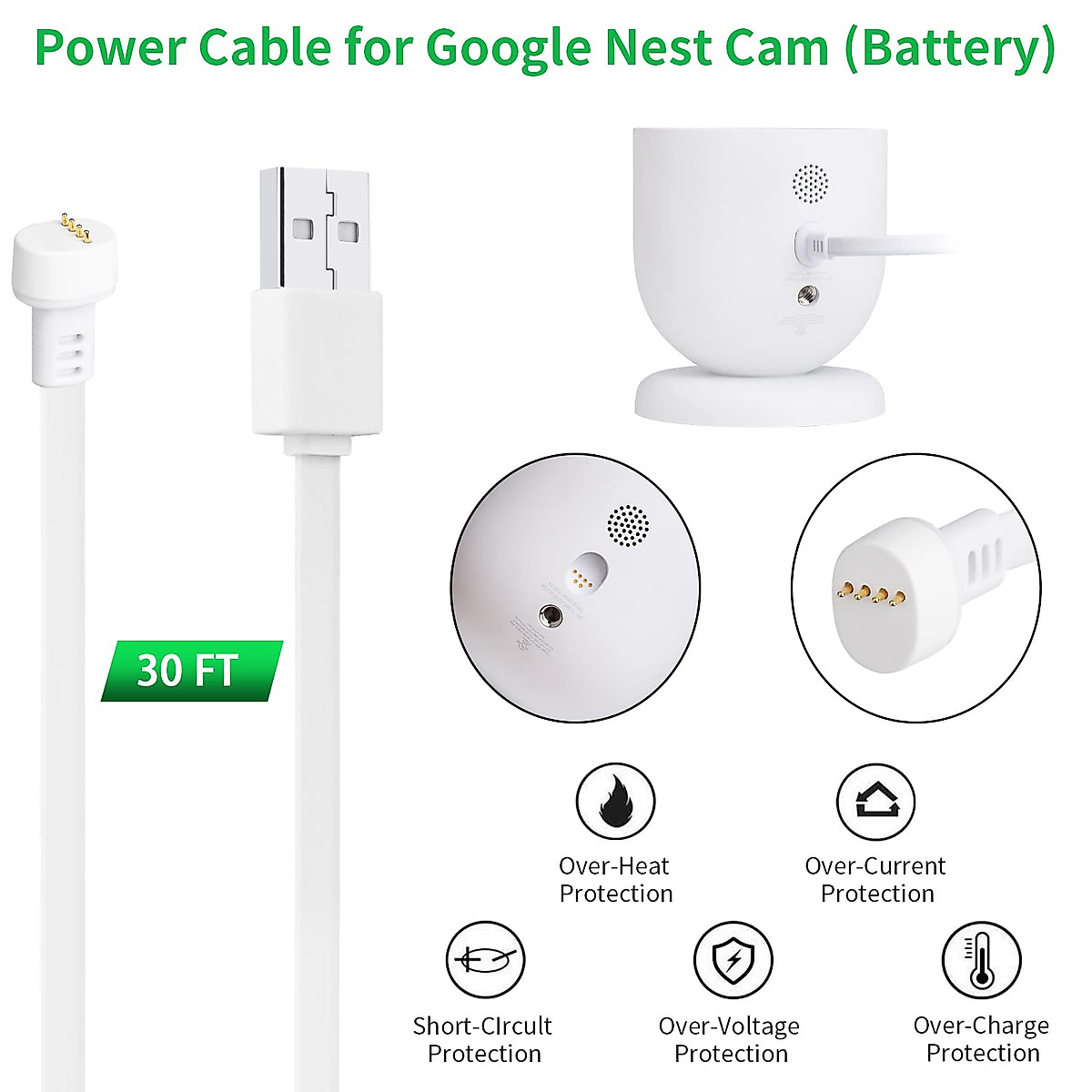 3Pack Power Cable Compatible with Google Nest Cam Outdoor or Indoor, Battery, 30Ft/9.1m Weatherproof Outdoor Cable Continuously Charging Your Nest Outdoor Camera (White)