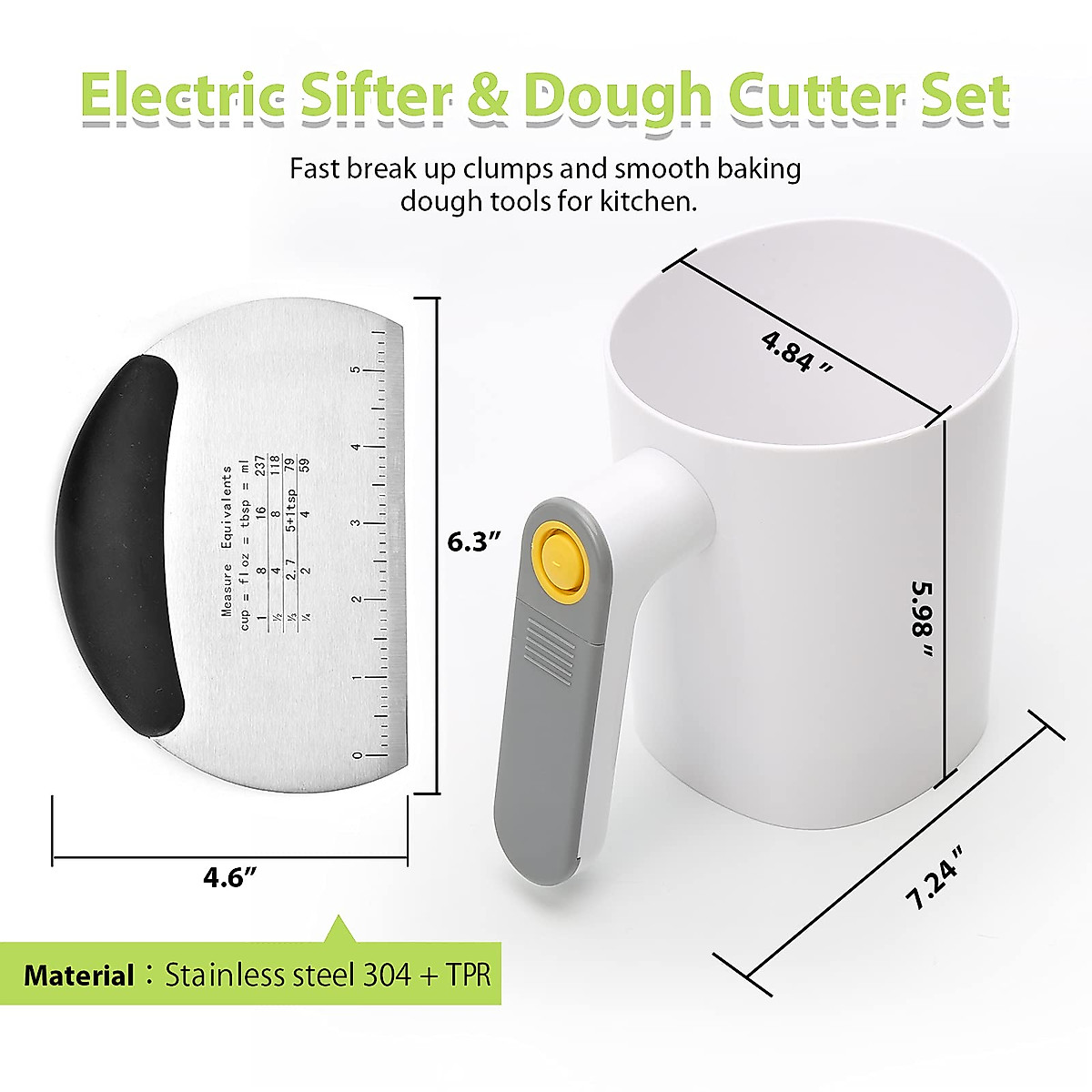 Erivibor Battery Operated Flour Sifter Electric Hand-held Flour Sieve with Dough Scraper Kitchen Baking Tool Powder Filter Food-grade Plastic Body and SS430 Filter Mesh, 4 Cup/1L Capacity, White