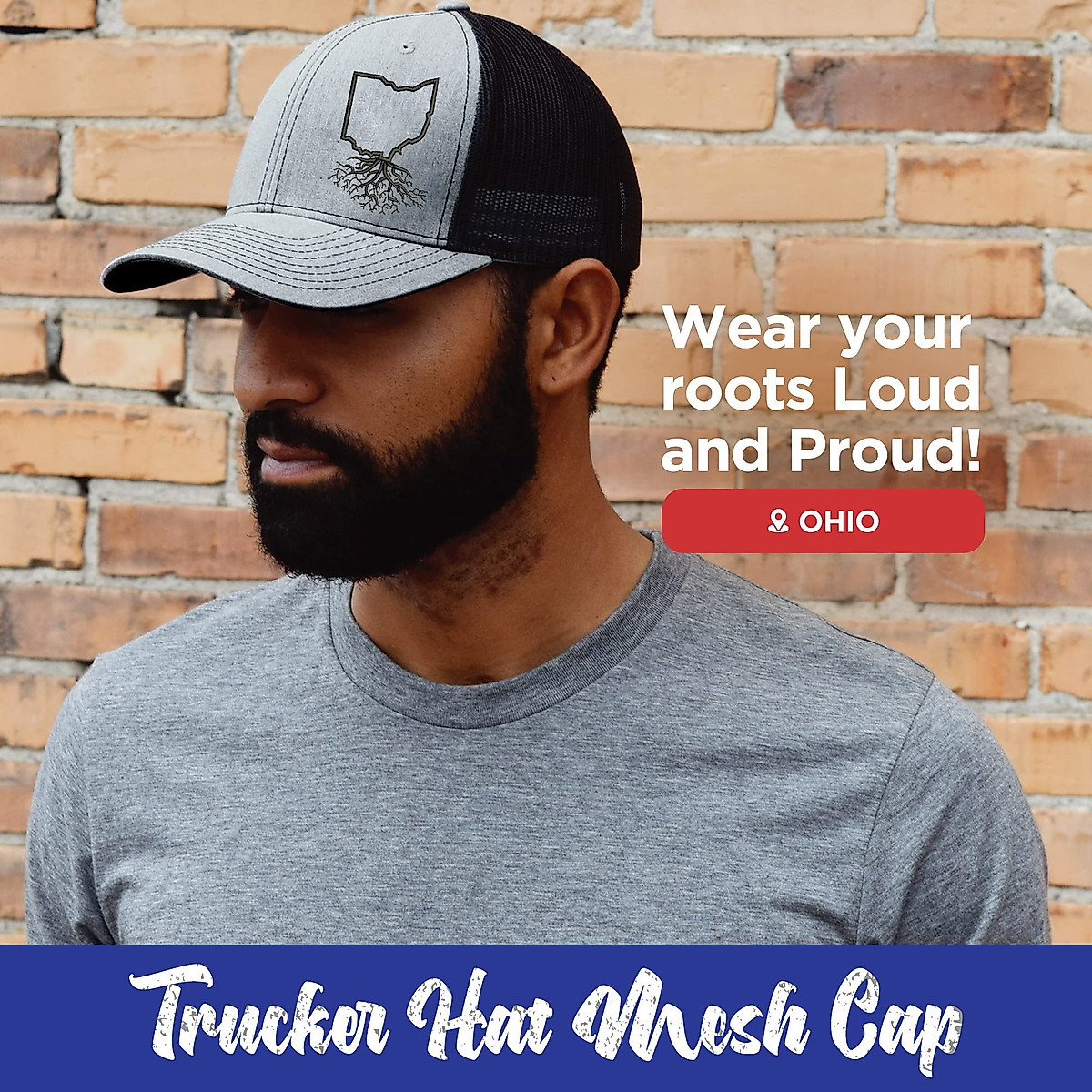 WYR Clothing - Snapback Hat with Minnesota Roots Design, Polyester Cotton Baseball Cap, Six-Panel Trucker Hats, Heather & Black Mesh