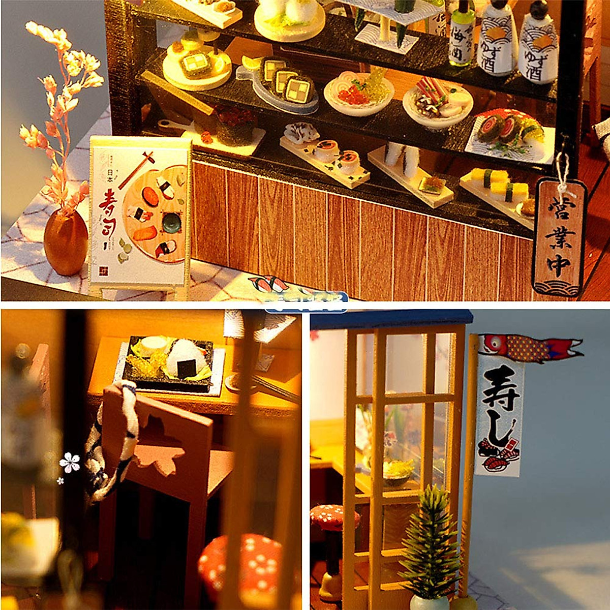 XLZSP DIY LED Lights Miniature Dollhouse Kit Street Shop Doll House Model Wooden Furniture for Valentine's Day Creative Gifts (Sushi)