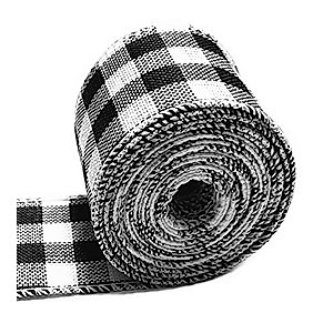 Christmas Plaid Wired Ribbons Gingham Burlap Ribbon，White and Black Wrapping Ribbon Plaid Ribbon for Christmas Decoration Crafts Making