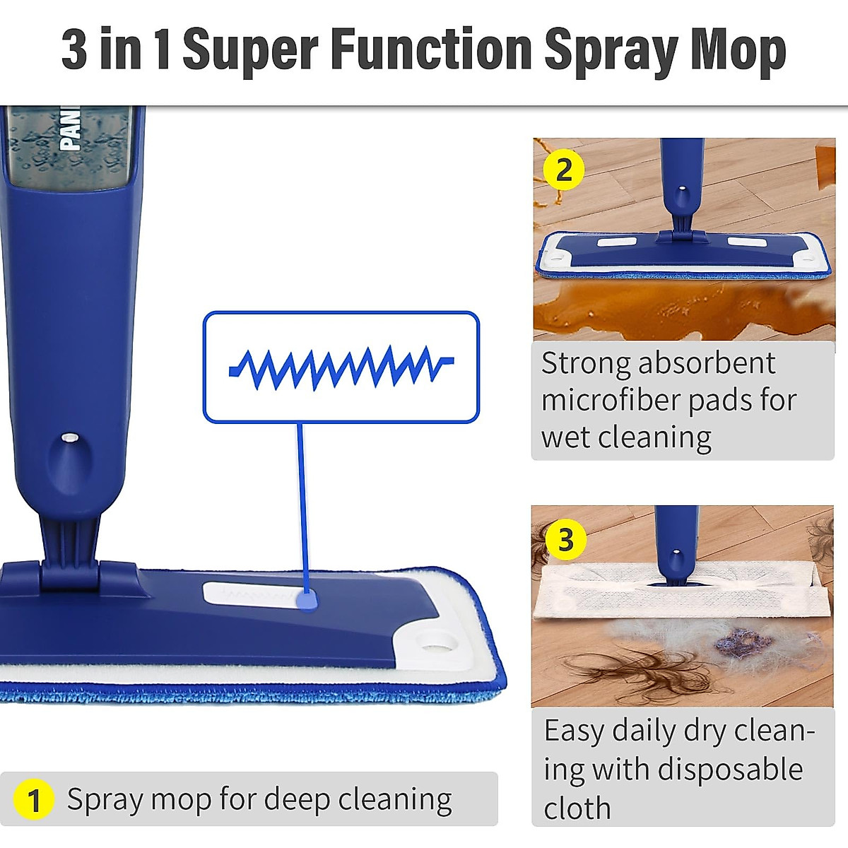 Mop for Multi-Purpose Floor Premium Spray Mop, 18 inch Professional Hardwood Wet and Dry Cleaning Mops with 3 Resuable Pads and Refilled Bottle, Blue