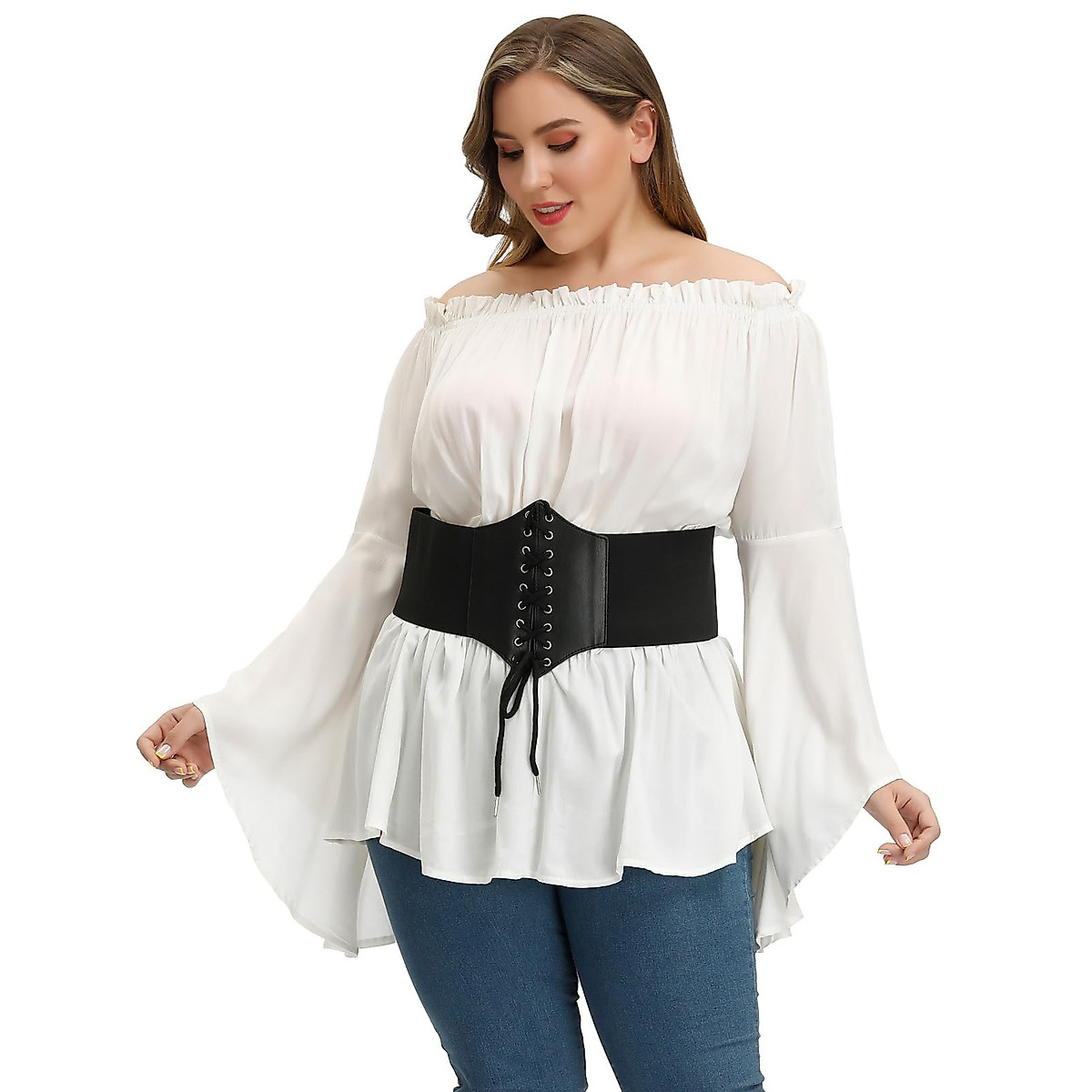 Hanna Nikole Womens Plus Size Off Shoulder Bell Sleeve Ruffle Blouses Tunic Shirts Ivory 22W