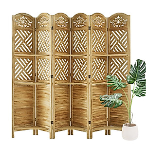 Room Divider with Shelves, 5.75ft Tall Folding Wood Carved Screen with Double Hinges for Home Office Bedroom Hotel Decoration (6 Panels, Natural)
