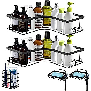 YISUN Corner Shower Caddy,Shower Organizer Corner Stainless Steel Bathroom Shower Caddy No Drilling Shower Shelves Corner with Toothbrush Holder,Soap Holder for Inside Shower,Matte Black