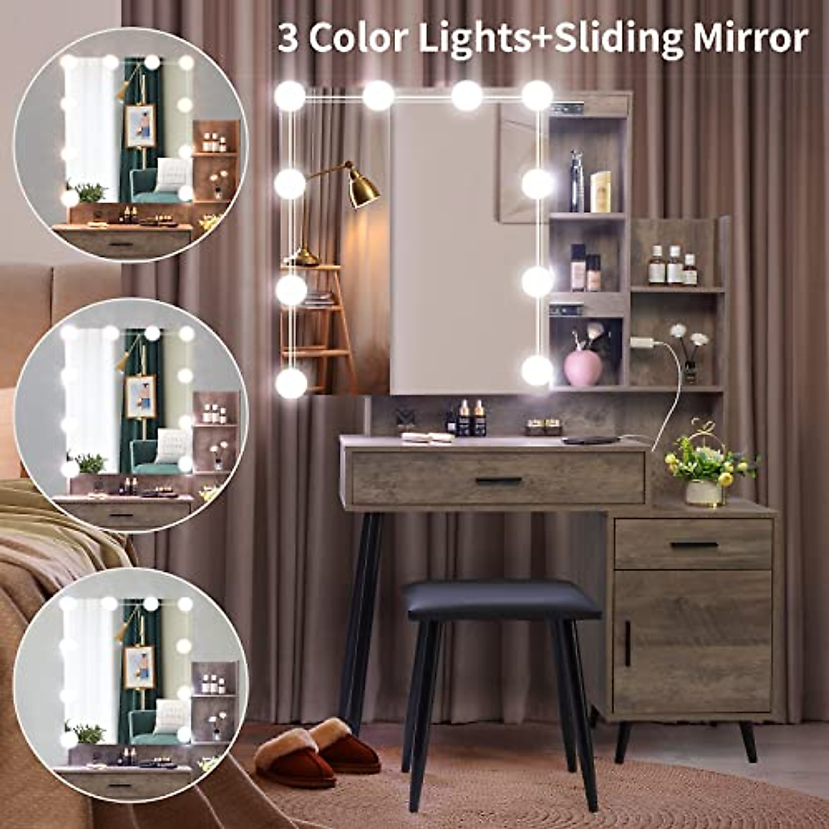 3-color Lighted Mirror Cabinet with Stool - Vanity Desk and Cushioned Chair - Sliding Mirror Makeup Desk - 2 Drawers 1 Door Cabinet 2 Shelves - Charging Station - Screen Touch Switch - Retro Grey