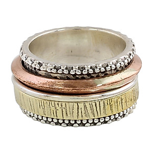 NOVICA Artisan Handmade .925 Sterling Silver Meditation Spinner Ring Copper Brass Textured India Bohemian [band Width 10 mm W] 'Tritone Meditation'