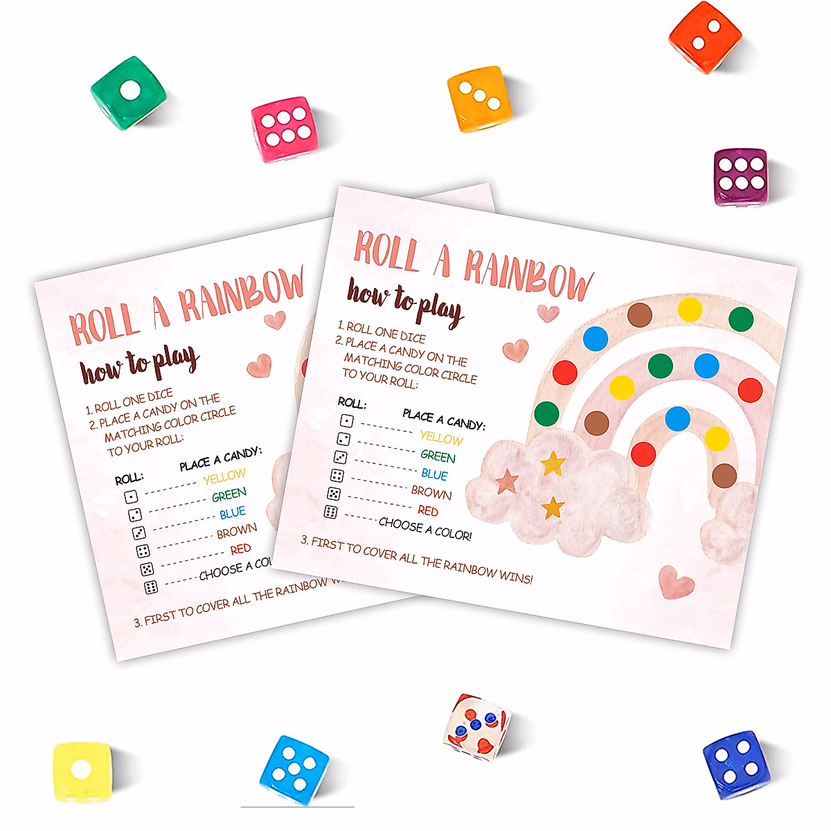 DYIRBIIY 5" x 6" Valentine's Day Party Kids Table Game | Rolling A Rainbow Roll The Dice Game| Valentines Day Dice Game for Kids | 20 Play Cards 20 Colored Dices -TZYX-A05