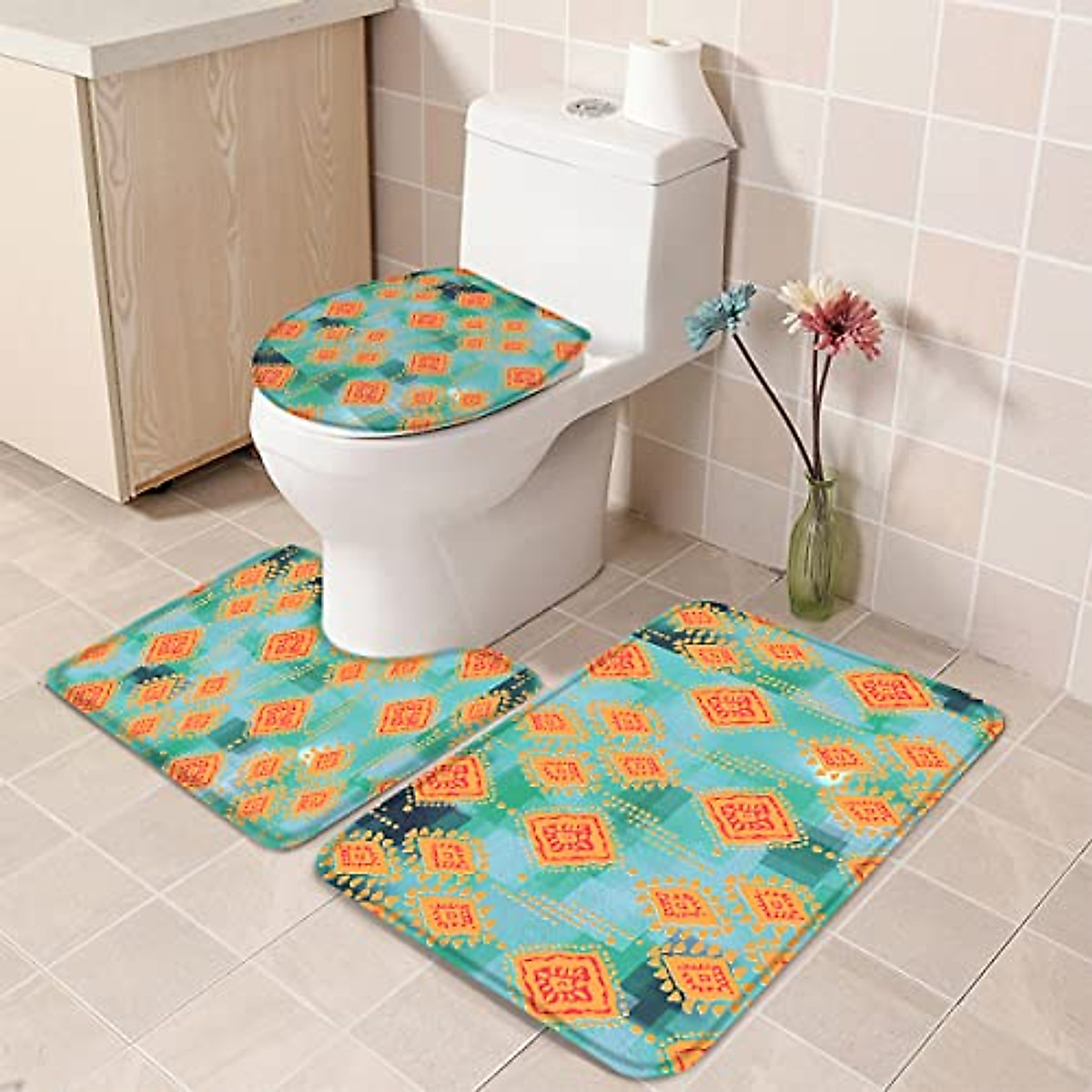 Bath Rugs for Bathroom Set 3 Piece Abstract Diamond Polka Dot on Green Gradient Non-Slip Washable Memory Foam Absorbent Bath Mat Rugs for Tub Shower,U-Shaped Toilet Floor Mats,Toilet Lid Cover