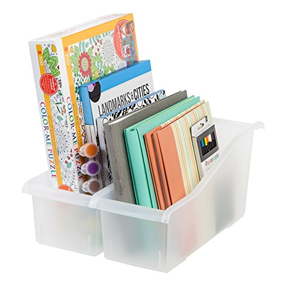 IRIS USA 15" x 6" Plastic Connecting Book and Paper Storage Container Bin, 8-Pack, Vertical Standing Plastic Book Binder Notebook File Craft Organizer Box for Classroom Kids Room Office, Clear