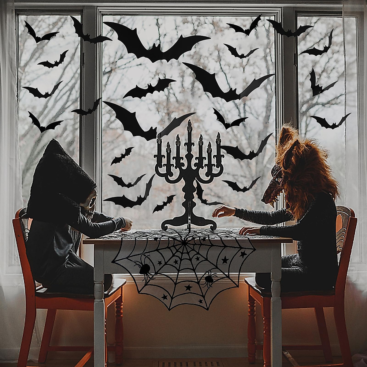 5 Pack Halloween Decorations Indoor, Halloween Mantel Decorations, Spider Web Table Runners, Round Table Cover and Cobweb Lampshade with 36pcs Scary 3D Bat Stickers for Halloween Party Decor
