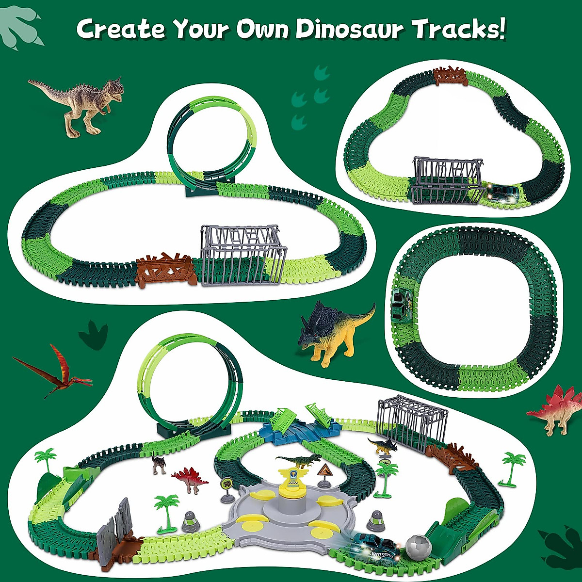 236 PCS Dinosaur Toys Race Track, Create a Dinosaur World Road,Flexible 360° Train Tracks Playset with Turntable Playset, Christmas Birthday Gifts for 3 4 5 6 7 Years Old Boys Girls Kids