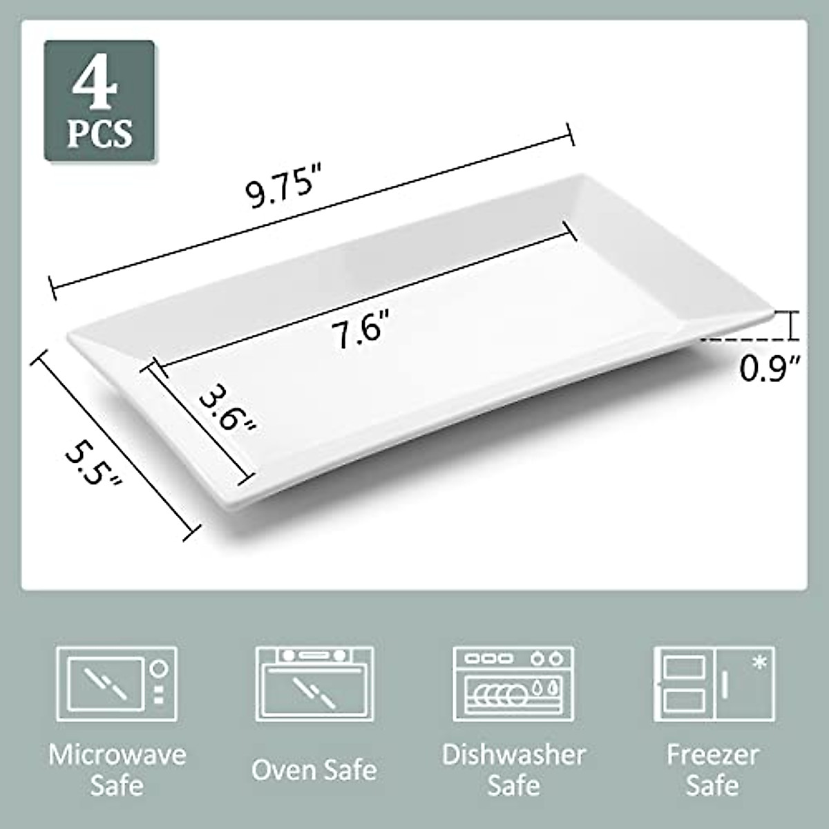 Yedio Porcelain Rectangular Dinner Platters, 9.75 Inch Rectangular Serving Platters for Sushi, Snacks, Cake, Meat, Appetizer Platters-Set of 4, White