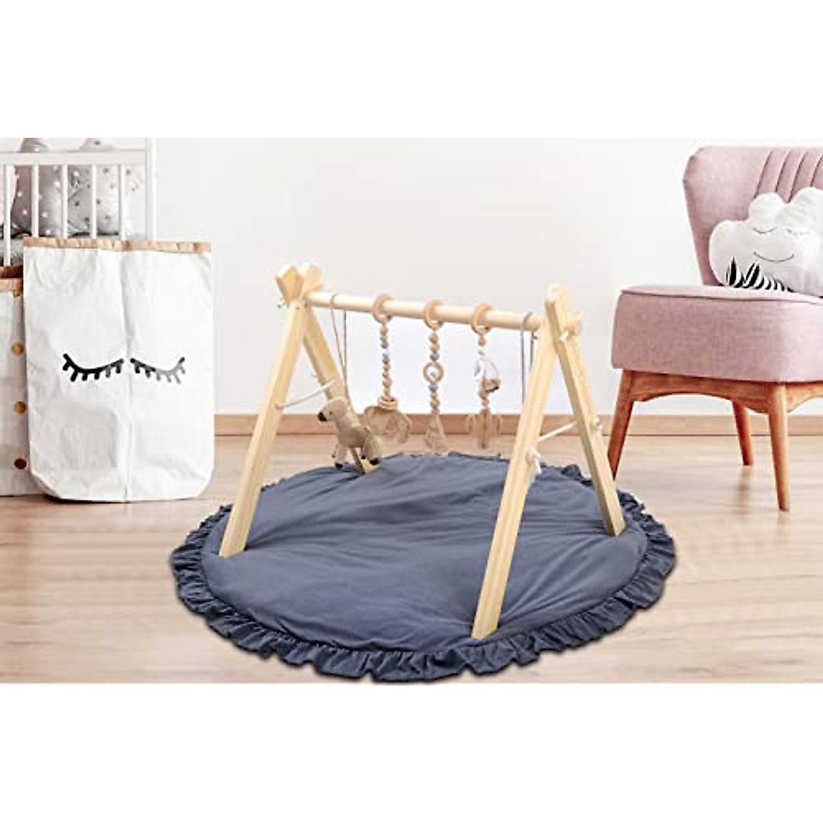 Wooden Baby Play Gym with Black Mat,Foldable & Handmade Wooden Play Gym Frame Activity with 5 Hanging Toys Untreated Beechwood & Cotton Montessori Baby Toys,Play & Learn Infant Activity Mat