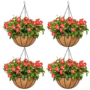 8 inch Metal Hanging Baskets For Plants Outdoor 4 Pack Round Metal Wire Hanging Basket Planter with Coco Fiber Liners Chain Round Wire Plant Holder for Garden, Patio, Deck, Porch Plants Flower Potss