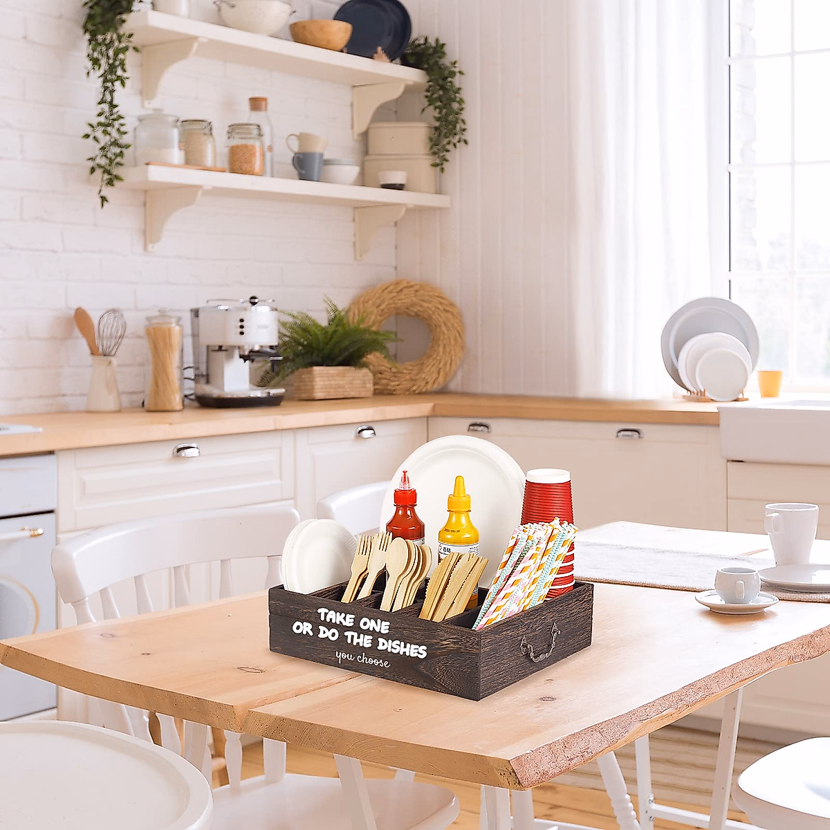 Paper Plate Holder, Plastic Silverware Caddy, Utensil Dispenser Caddy for Party Picnic Camping BBQ, Disposable Spoon Fork Knives Dish Cup Napkin Wood Storage Organizer for Kitchen Counter