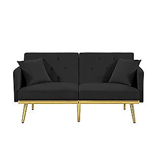 HomSof, Black Sleeper Velvet Futon with 3 Adjustable Angle, Mid Century Modern Metal Legs, Loveseat Sofa Bed