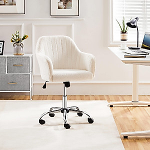 Yaheetech Boucle Vanity Chair Desk Chair Comfy Modern Accent Chair Mid Back Ergonomic Office Chair Height Adjustable Swivel Computer Chair for Bedroom with Arms Ivory