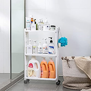 HAIXIN Slim Rolling Storage Cart, 3 Tier Bathroom Organizer Mobile Shelving Unit, Mobile Shelving Unit Storage Rolling Utility Cart, Tower Rack for Kitchen Bathroom Laundry Dorm Narrow Places, White