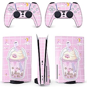 BelugaDesign Kirby Boba Skin PS5 | Anime Bubble Tea Smash Dessert | Cute Kawaii Pastel Vinyl Cover Wrap Sticker Full Set Console Controller | Compatible with Sony Playstation 5 (PS5 Disc, Pink)