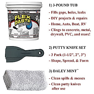 Flex Seal White Flex Paste, 3lb - Crack Repair Bundle with Putty Knife Set + Daley Mint Cleaning Towel | Quickly Fills Gaps, Holes, Leaks