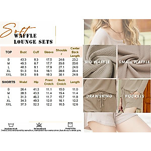 Ekouaer Womens Waffle Knit Pajama Sets Long Sleeve Top and Shorts Matching Lounge Set Sleepwear Loungewear Sweatsuit with Pockets Burgundy Small