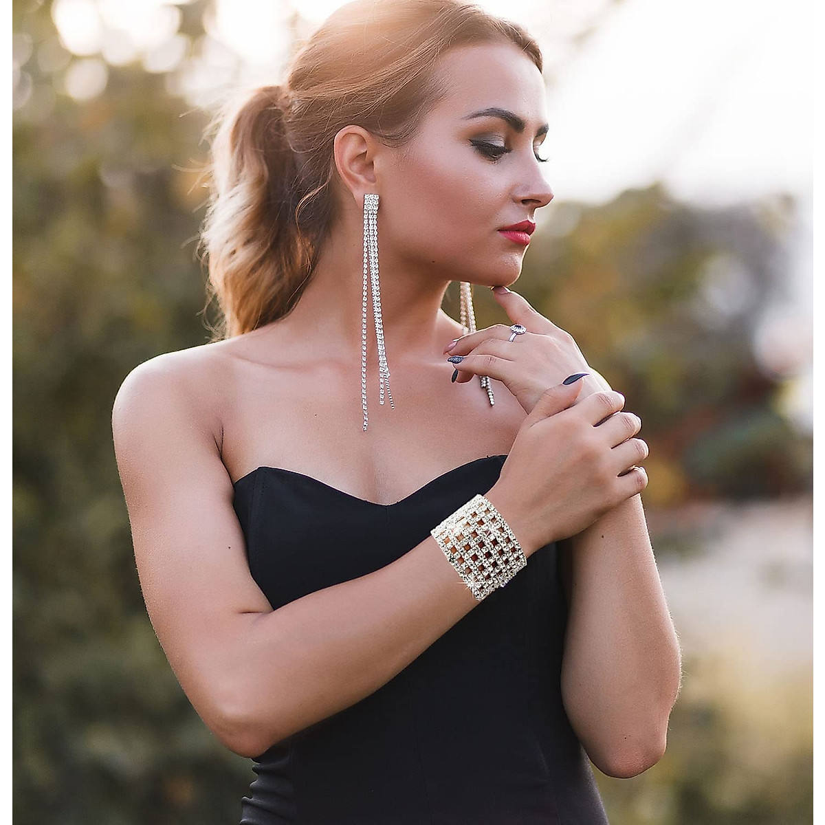 Jojomina Multilayer Sparkling 11 Strand Rhinestone Stretch Bracelet for Women Girls Silver-tone Adjustable Arm Cuff Crystal Prom Bridal Bracelet for Party Wedding Dating