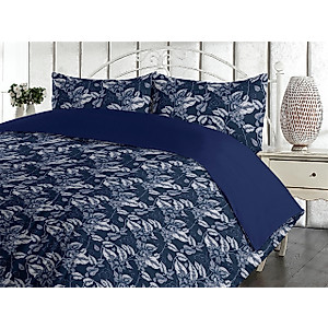 Ambesonne Floral Duvet Cover Set, Monochrome Vintage Art of Continuous Flowers and Leaves on Night Themed Back, Reversible 3 Piece Bedding Set with 2 Pillow Shams, California King, White Navy Blue
