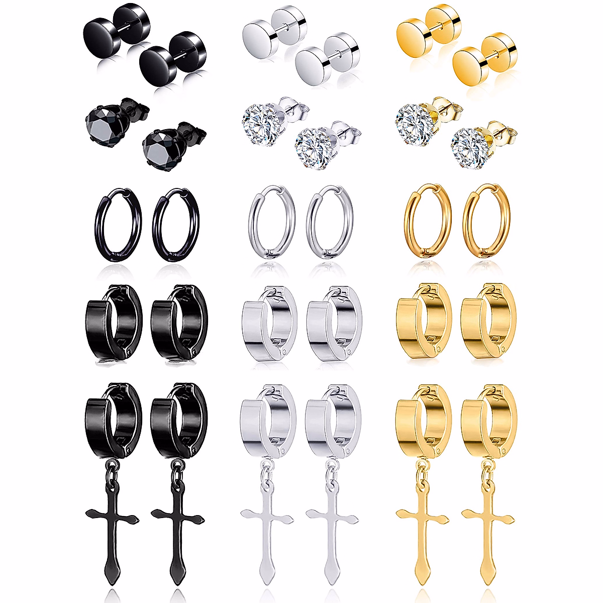 Ofeiyaa 15 Pairs Stainless Steel Dangle Hinged Earrings Hoop Huggie Earrings CZ Stud Earrings Set for Men Women Ear Piercing Jewelry Silver Black Gold Tone