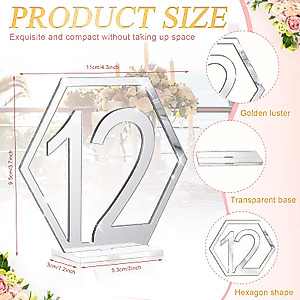 Jetec Table Numbers Wedding Acrylic Table Numbers Hexagon Wedding Numbers Hollow Out Reception Stands Seat Numbers with Holder Base for Wedding Party Event Catering Decoration (Silver)