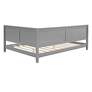 Full Size Daybed, Wood Full Low Bed Frame with Headboard and Sideboard, Wooden Floor Sofa Bed with Slats Support for Kids Room, Bedroom, Living Room, Gray