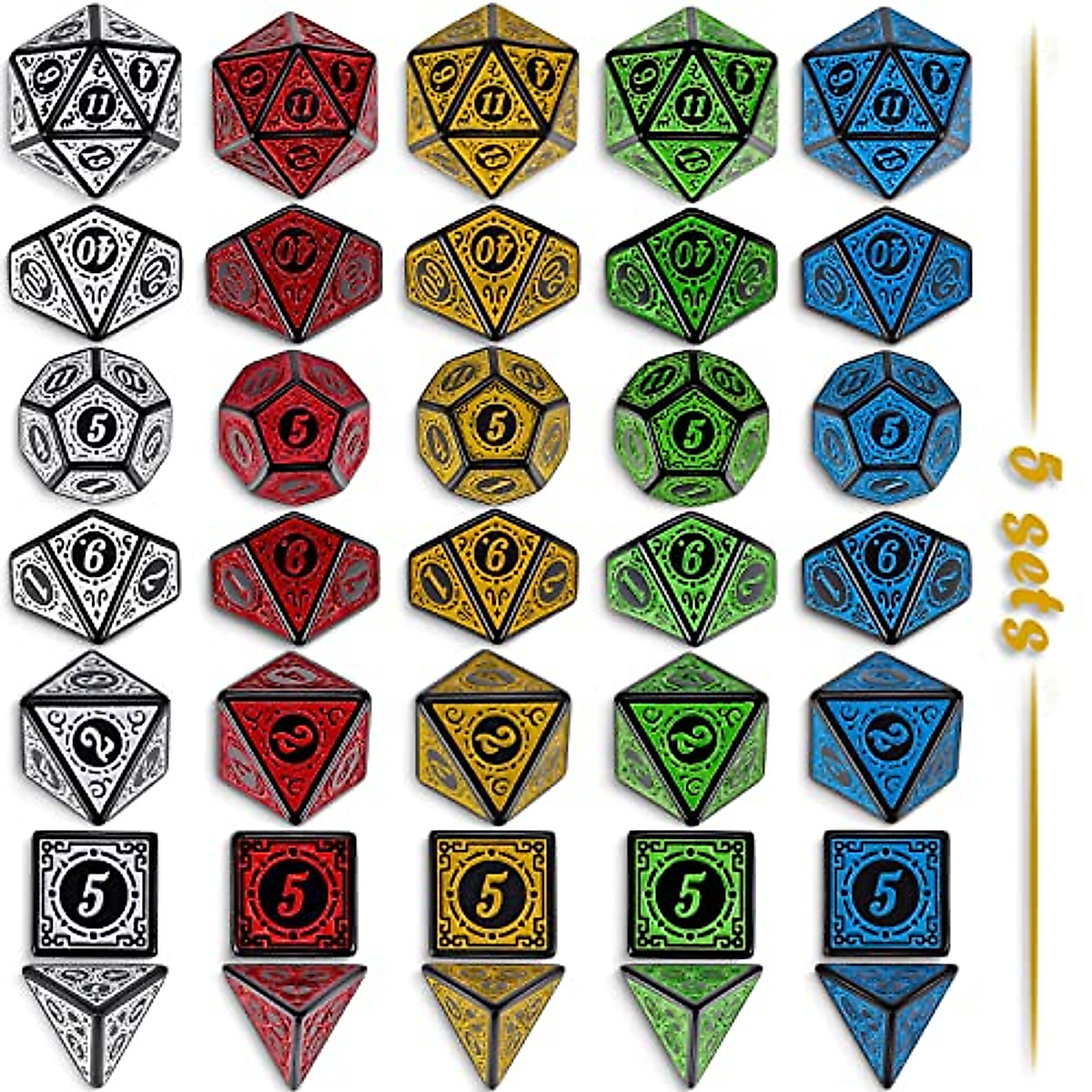 CiaraQ Polyhedral Dice with 5 Pouches, 5 Sets of Retro Dice for MTG DND Board Games, 35 Pieces