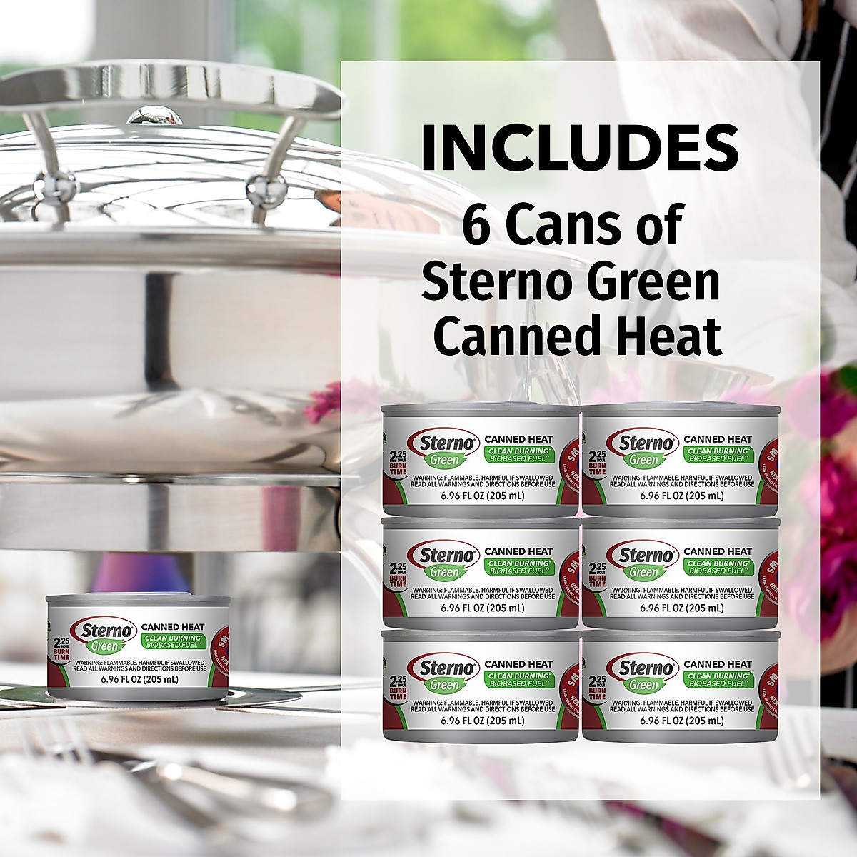 Sterno 2.25 Hour Green Canned Heat, Ethanol Gel, 6 Pack