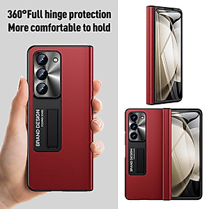 LEIAU for Samsung Galaxy Fold 5 Case: Luxury Genuine Leather case with Full Cover Hinge Protection & Screen Protector & Kickstand - Shockproof Protective Phone Case for Galaxy Z Fold 5 5G Red
