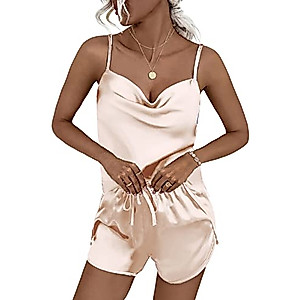 MAXMODA Silk Pajamas Set Womens Sleepwear Sexy Bridal Lingerie Cami Pjs Set with Drawstring Shorts(Champagne, XL)