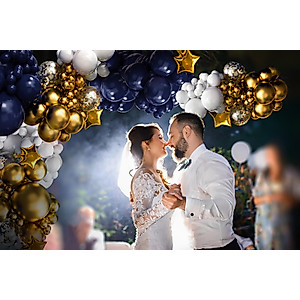 187pcs Navy Blue and Gold Balloons Arch Garland Kit, 5 10 12 18 inch Royal Blue Gold White Balloons with Gold Star Foil Balloons for Anniversary Wedding New Year Birthday Party Decorations