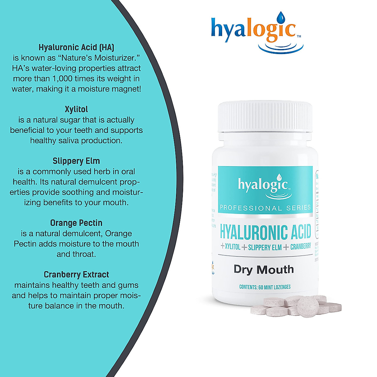 Hyalogic Oral Care Dry Mouth Mints - Hyaluronic Acid HA & Xylitol Lozenges for Hydration - Natural Mint Breath Freshener, Sugar-Free & Vegan Friendly (60 ct)