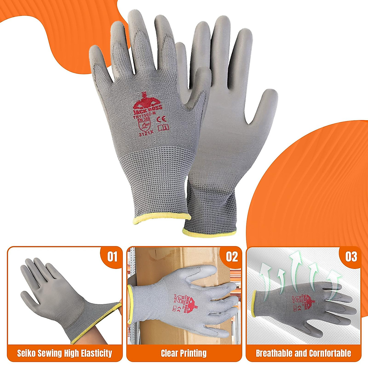 Jack Boss 12 Pack Safety Work Gloves for Men & Women With PU Coated Grip On Palm & Fingers Seamless Knit Working Gloves for Light Duty Works,Gardening